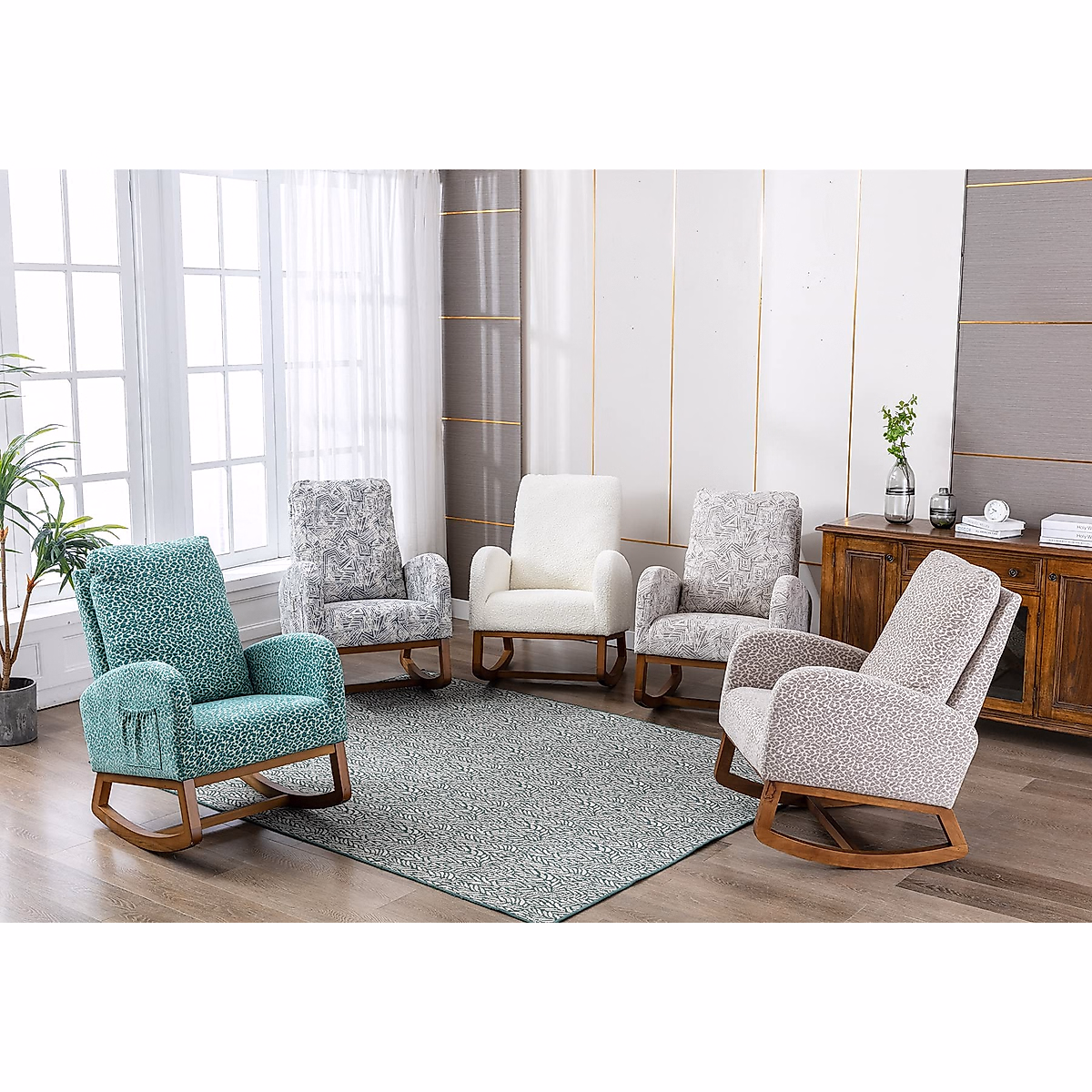 Antetek Modern Accent Rocking Chair, Upholstered Nursery Glider Rocker for Baby and Kids, Comfy Armchair with Side Pocket, Living Room Lounge Arm Chair with High Backrest (White)