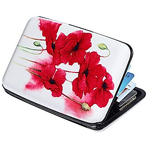 CANTINEY Credit Card Holder RFID Blocking Wallet for Women Men Small Mini Metal Slim Hard Aluminum Business Card Case (Red Poppies)