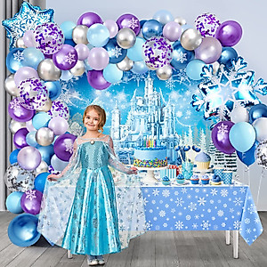 Ice Themed Party Decorations, Snow Birthday Decorations with Blue Purple Balloon Arch Kit Ice Snow Castle Photography Backdrop Banner and Snowflake Tablecloth for Girl Women Party Decor