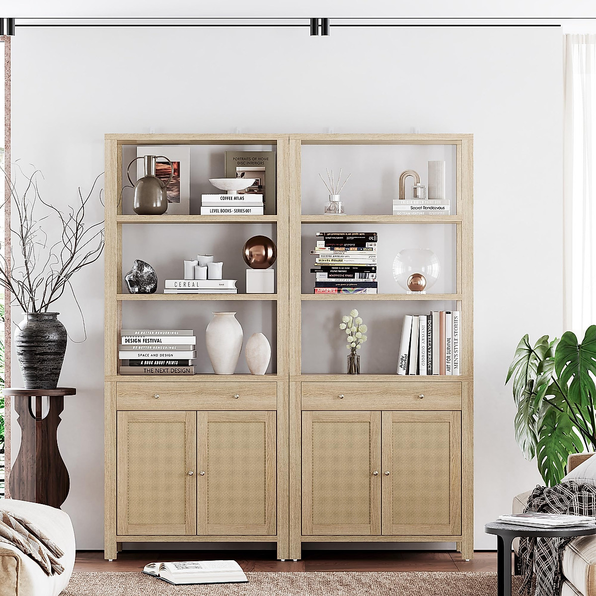 MECHYIN Bookshelf, Bookcase Rattan Boho, Tall 5 Tier Bookshelf Storage Cabinet with Doors and Shelves for Living Room, Bedroom, Kitchen& Library (2 Pieces)