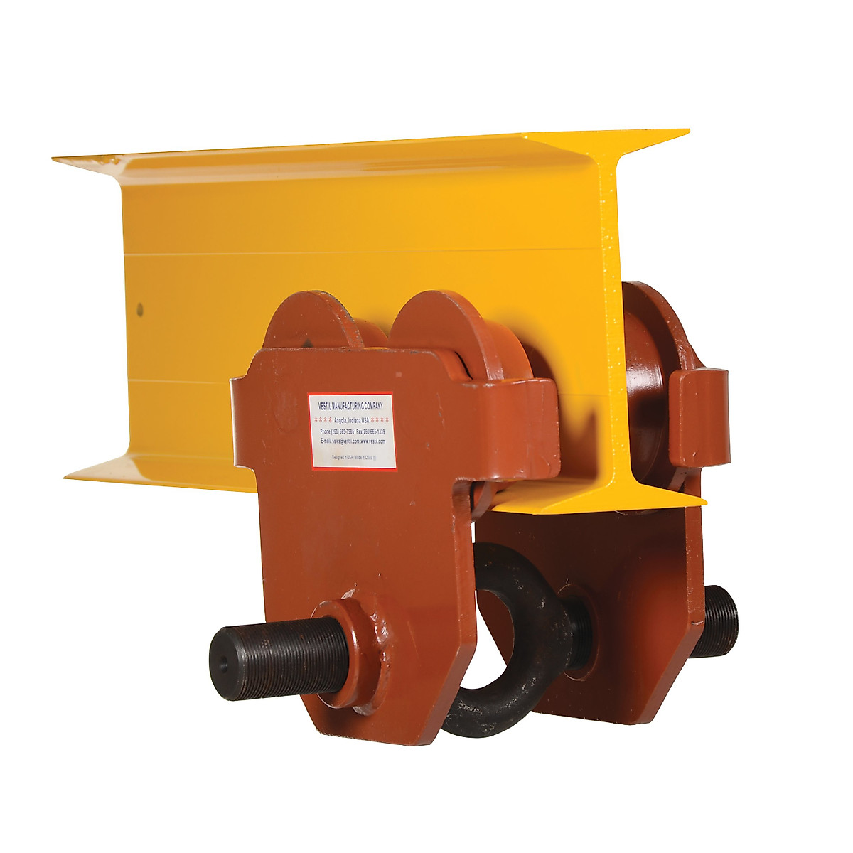 Vestil E-MT-6 Steel Low Profile Eye Manual Push Trolley, 6000 lbs Capacity, 3"- 8-5/8" I-Beam Flange, 3-3/8" Headroom