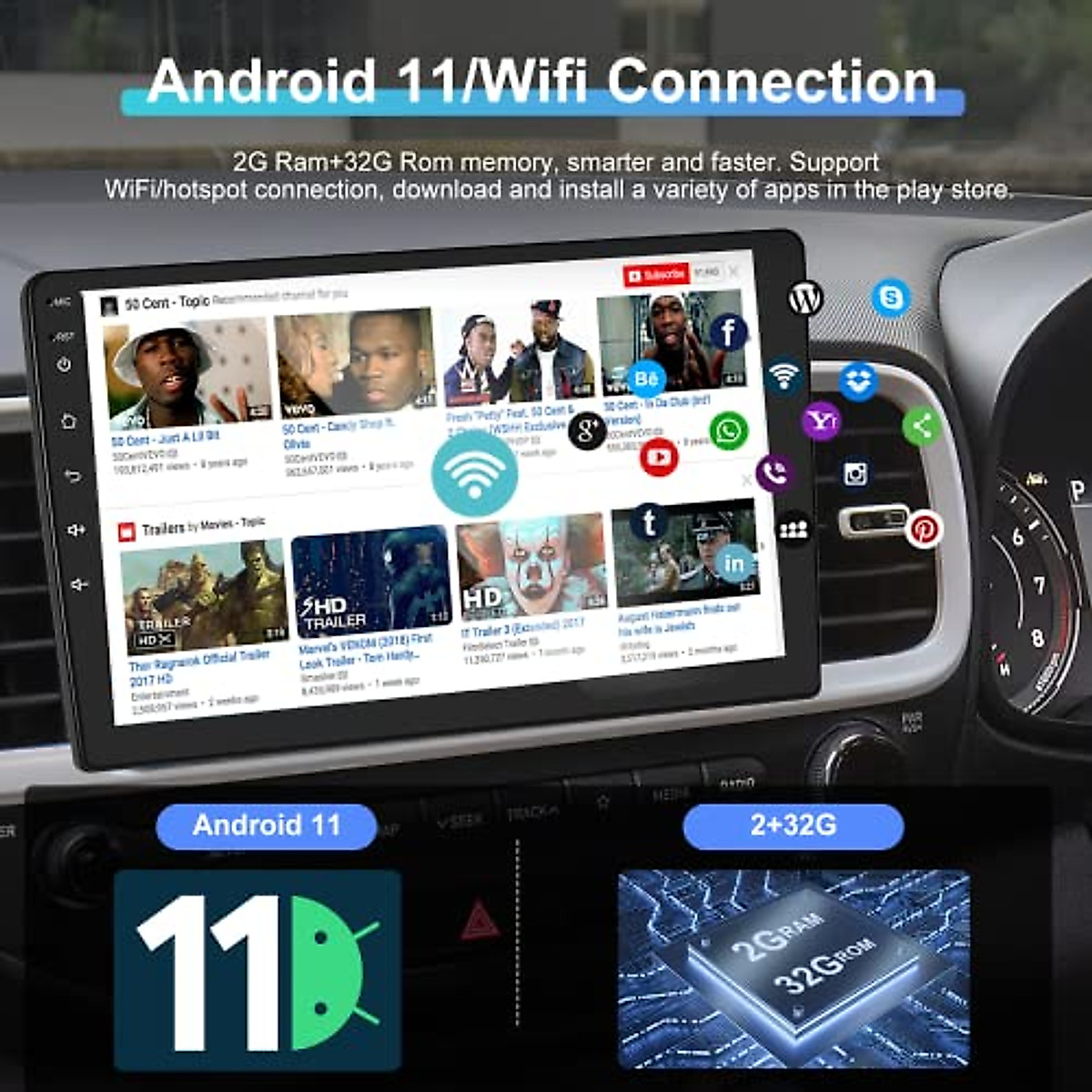 2G+32G Wireless Apple CarPlay Car Stereo, 9" Touch Screen Android 11 Double Din Car Radio, HD Backup Camera Bluetooth Audio GPS Navigation WiFi Subw Android Auto USB FM/RDS Radio External Mic