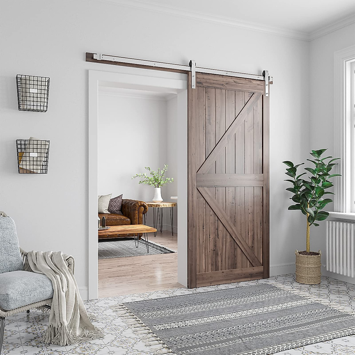 SMARTSTANDARD 6.6 Feet Brushed Nickel Barn Door Hardware Kit-Heavy Duty Sliding Track-Smoothly and Quietly-Easy to Install-Fit 36"-40" Wide Door Panel (J Shape Hanger)