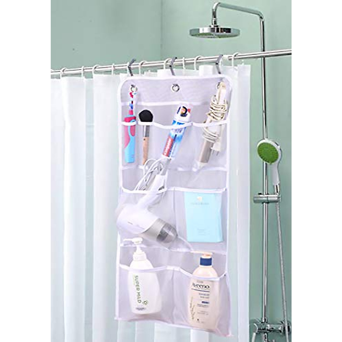 MISSLO Hanging Mesh Pockets Hold 340oz/1000ml Shampoo Shower Organizer with Over the Door Hooks