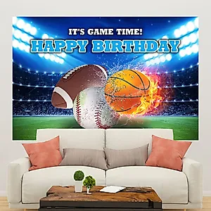 Ticuenicoa 5×3ft Sports Birthday Backdrop Boys Football Basketball Baseball Kids Birthday Background It's Game Time Kids Sports Theme Birthday Party Banner Wall Decorations Props