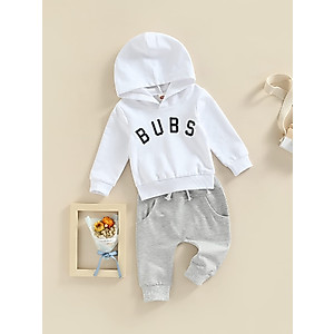VISGOGO Infant Baby Boy Clothes Set Letter Printed Long Sleeve Hooded Pullover Tops + Elastic Drawstring Pants with Pockets (A-BUBS-White, 3-6 Months)