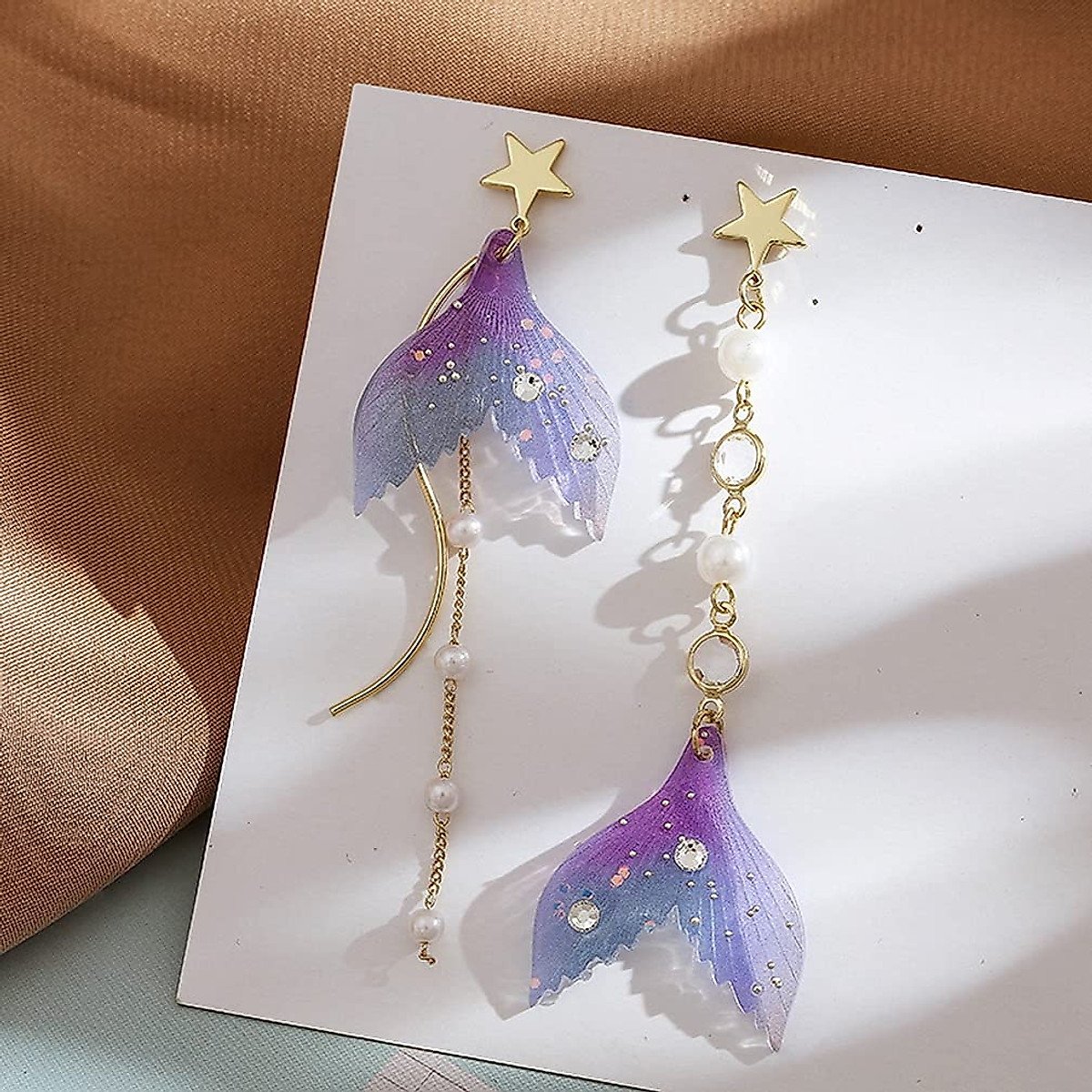 Mermaid Earrings - Sequin Resin Fish Tail Dangly Earrings for Women,Unique Mermaid Dangle Drop Earrings,S925 Sterling Silver Earrings for Hypoallergenic,Beach Earrings with Pearl Link Chain