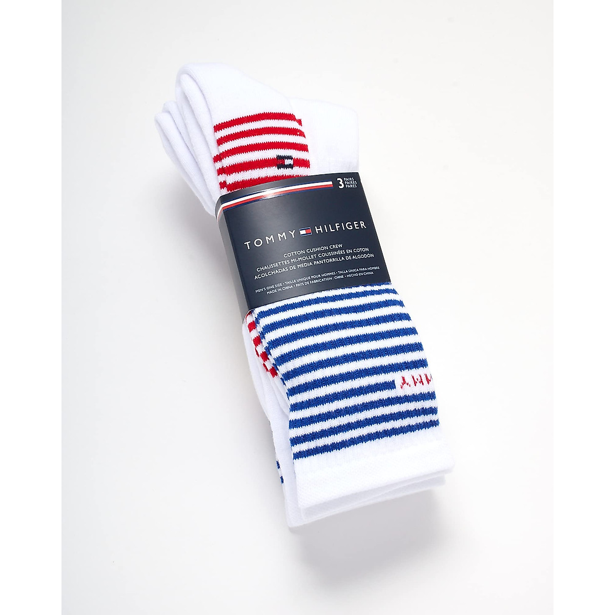 Tommy Hilfiger Men's Athletic Socks - Cushion Crew Socks (3 Pack), Size 7-12, White Stripe