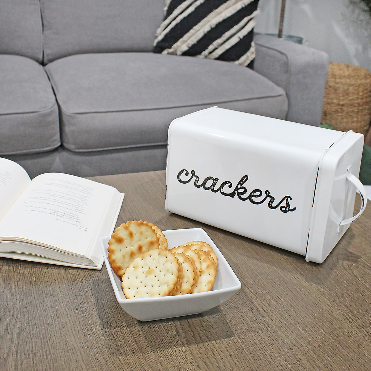 AuldHome Design Rustic White Cracker Tin; Square Enamelware Classic Cracker Canister