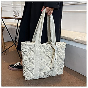 Women Puffer Bag Quilted Puffy Tote Bag Lightweight Cotton Padded Shoulder Bag Trendy Hobo Hippie Down Handbag (Beige)