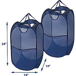 2 Pack - SimpleHouseware Mesh Pop-Up Laundry Hamper Basket with Side Pocket, Dark Blue