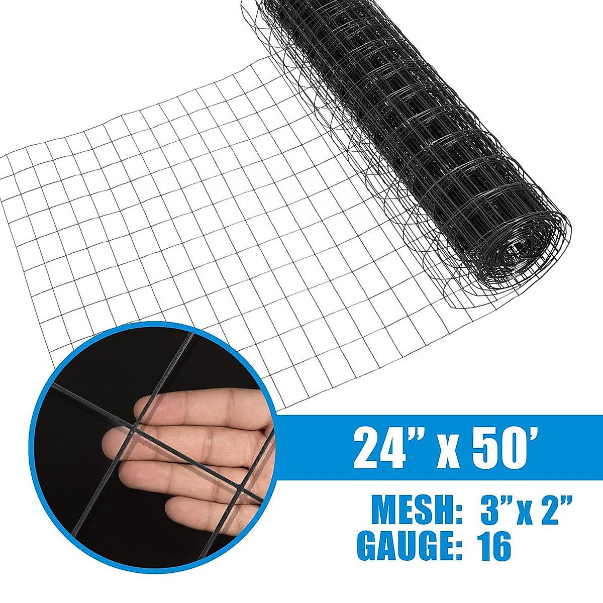 Fencer Wire Vinyl Coated 16 Gauge Welded Fence Wire Roll, Mesh Size 2-Inch x 3-Inch, Black Metal Garden Fencing Wire Grid Hardware Cloth, Multiple Use for Home Improvement