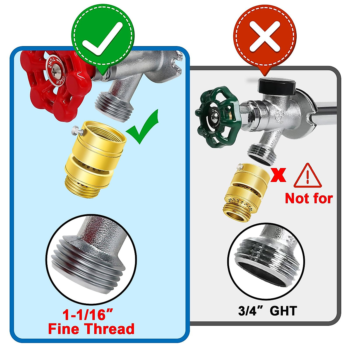 Fine Thread Vacuum Breaker, PK1390 1-1/16" Fine Thread Female No Lead Brass Self-Draining Vacuum Breaker, Hose Bib Vacuum Breaker, Providing you with Healthy Portable Water (NOT fit 3/4" GHT Bibcock)