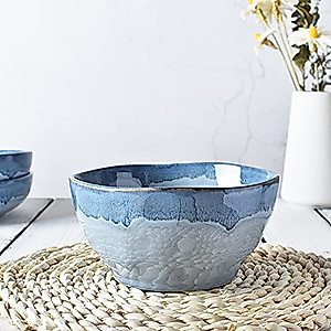 Bosmarlin Ceramic Soup Bowl Set of 4, 28 Oz, Cereal Bowl for Oatmeal, Dishwasher and Microwave Safe, Reactive Glaze (Blue, 6 inches)