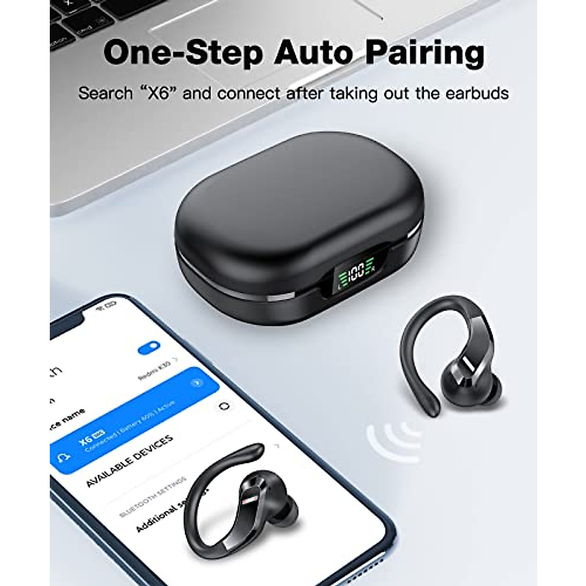 MPWHYL Wireless Earbuds, Bluetooth 5.3 Headphones with Built-in Mics, LED Display, 48H Playtime Hi-Fi Stereo Over-Ear Earphones with Earhooks, IPX7 Waterproof, Running Ear Buds for Sports