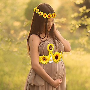R HORSE Sunflower Maternity Sash Mom to Be & Daddy to Be Corsage Wreath Headdress Decoration Spring Summer Baby Shower Kit Party Favors Baby Boy Pregnancy Photo Prop Gift