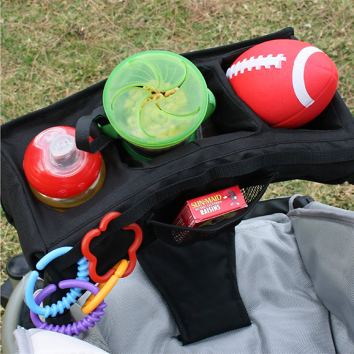 J.L. Childress Food 'N Fun Universal Stroller Snack Tray - Cup Holder, No-Throw Strap, Toy Loops - Removable Stroller Snack Tray - Black