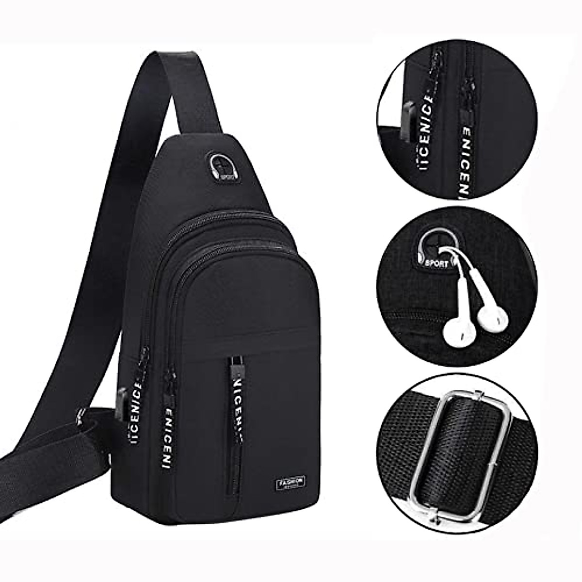 Waterproof Crossbody Sling Backpack Multipurpose Shoulder Bag Travel Hiking Chest Bag Daypack With USB Hole & Headphone Hole（Without mobile power） (Black)