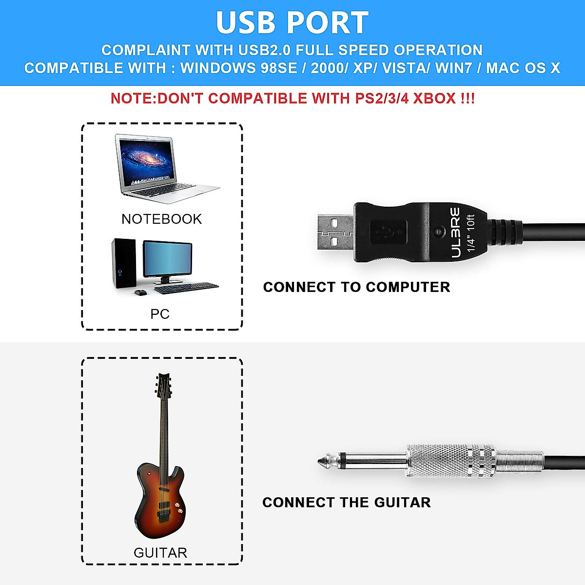 USB Guitar Cable Guitar Cord 10FT USB Male to 1/4 Inch TS Mono Jack Connector Cord Compatible Windows and MacOS Guitar Base to PC USB Connection Cable Adapter for Recording Instrument Singing