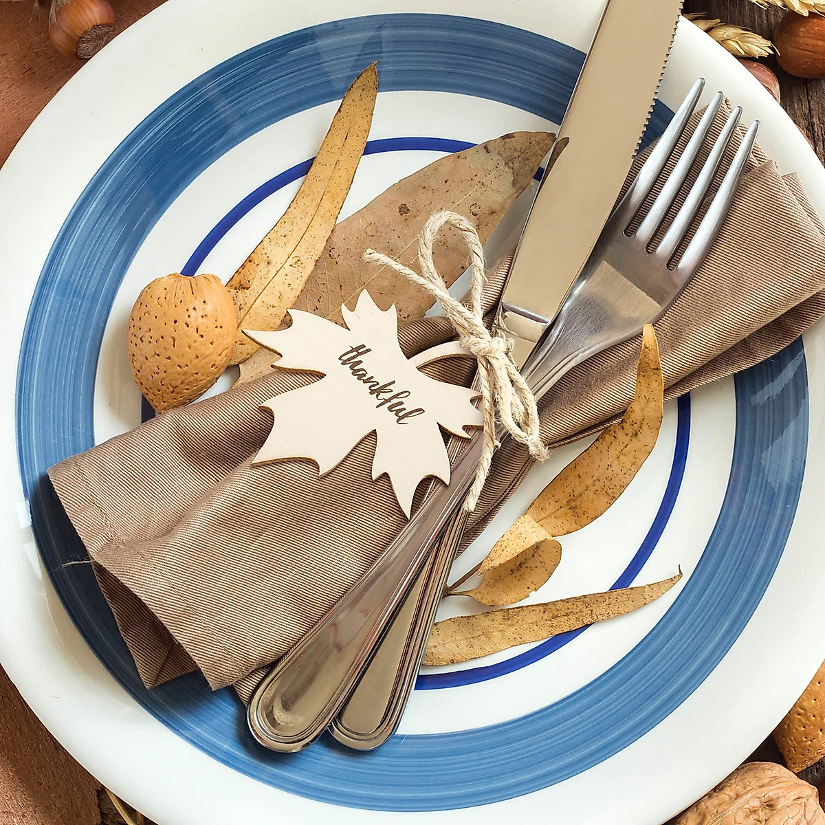 Bucherry 12 Pieces Fall Thanksgiving Place Cutout Thankful Grateful Blessed Place Cards Thankful Rustic Wooden Sign Hanging Ornament Table Setting Decorations