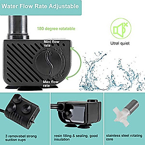Hygger Ultra Quiet 53GPH (200L/H, 3W) Submersible Mini Water Pump Comes with 2 Nozzles, for Aquariums, Fish Tank, Fountain, Max Lift Height 1.7ft ,120V/60HZ, Power Cord 6ft