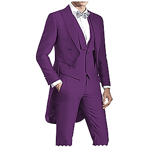 Men's Tailcoat 3 Pieces Formal Stylish Suits Prom Tuxedos Tail Coat Wedding Groomsmen(Blazer+Vest+Pants(34,Purple)