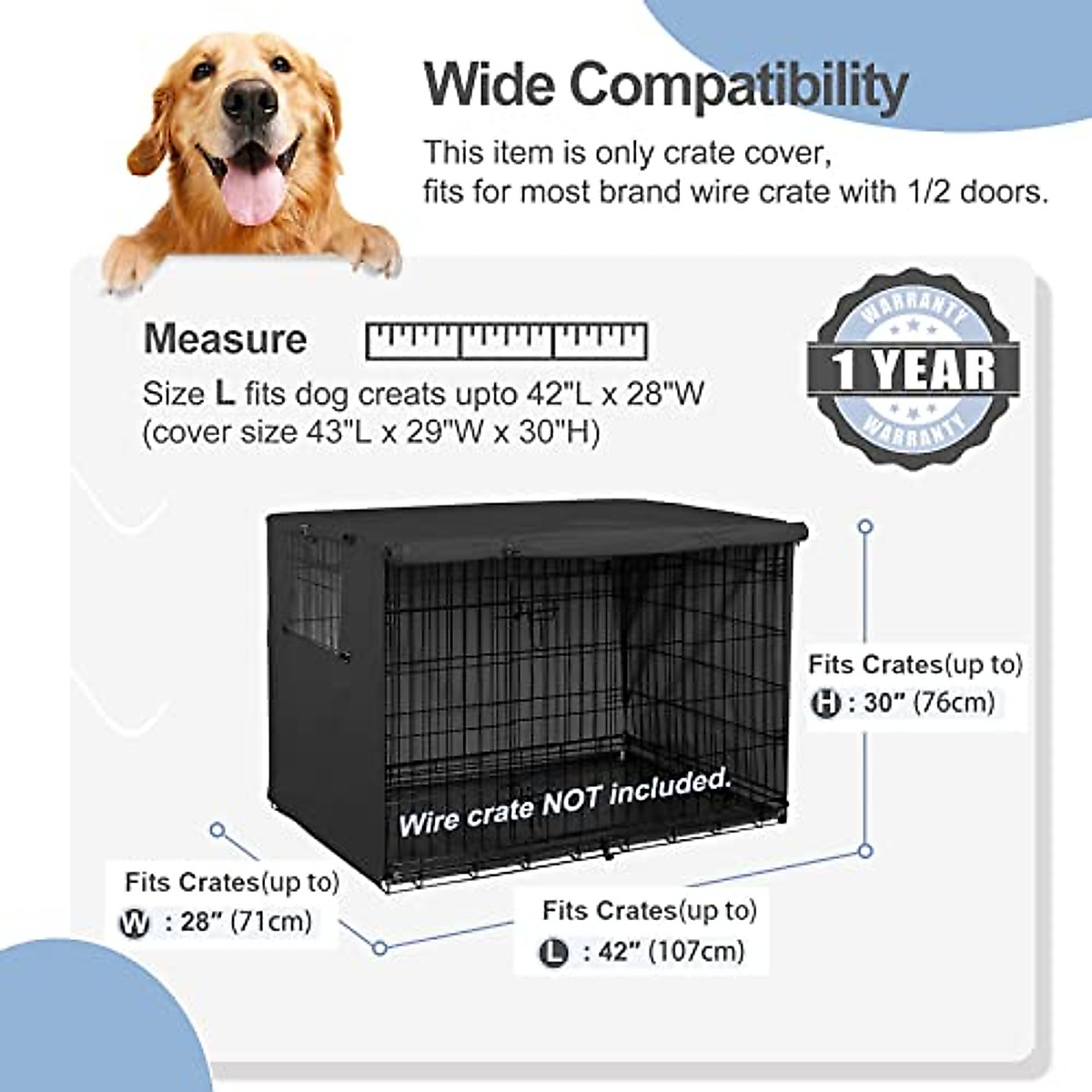 Explore Land 42 inches Dog Crate Cover - Durable Polyester Pet Kennel Cover Universal Fit for Wire Dog Crate 1(Black)