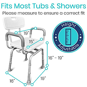 Vive Swivel Shower Chair for Seniors, Elderly, Disabled - Narrow Handicap Tub Bench for Inside Shower - with Arms & Back, Height Adjustable - 360° Rotating Bathtub Seat for Easy Mobility