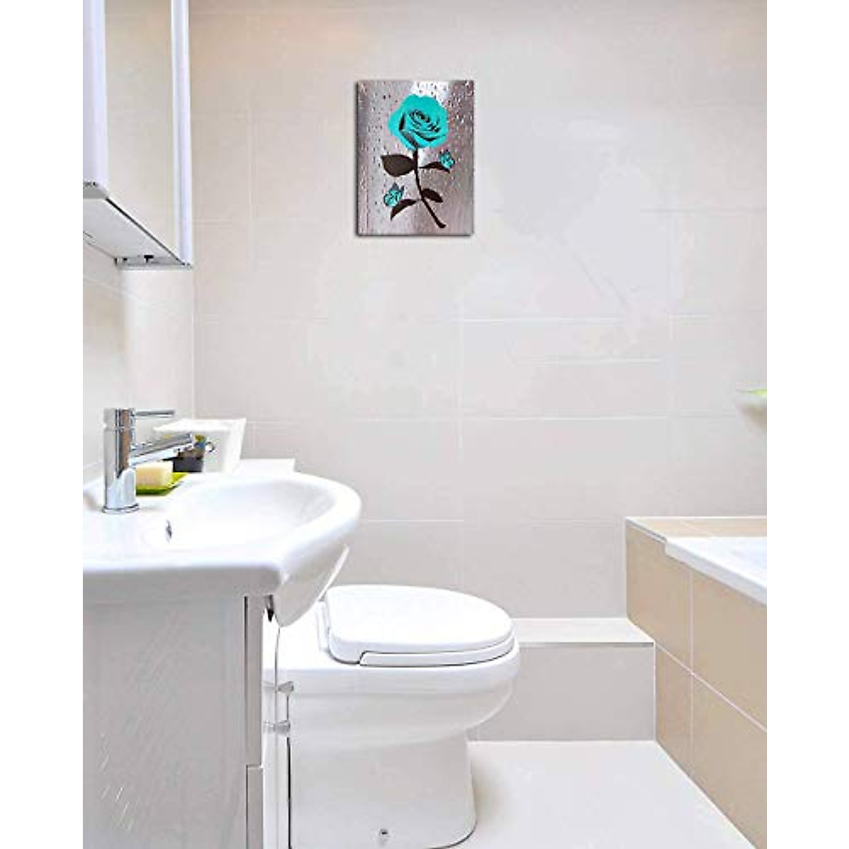 Rtriel Teal Rose Canvas Wall Art Turquoise Blue Flower Prints Contemporary Black and White Pictures for Bathroom Wall Decor 12 x 16 Inch