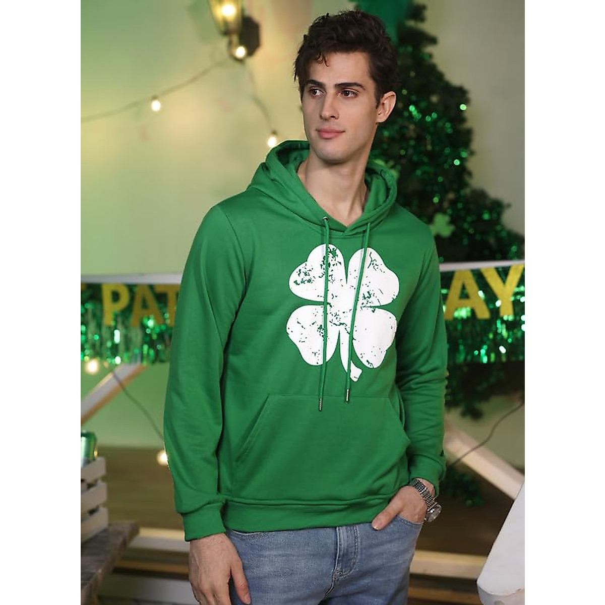 Arvilhill St Patrick's Day Sweatshirt Men's Green Shamrock Irish Printed Hoodie CLOVER XL