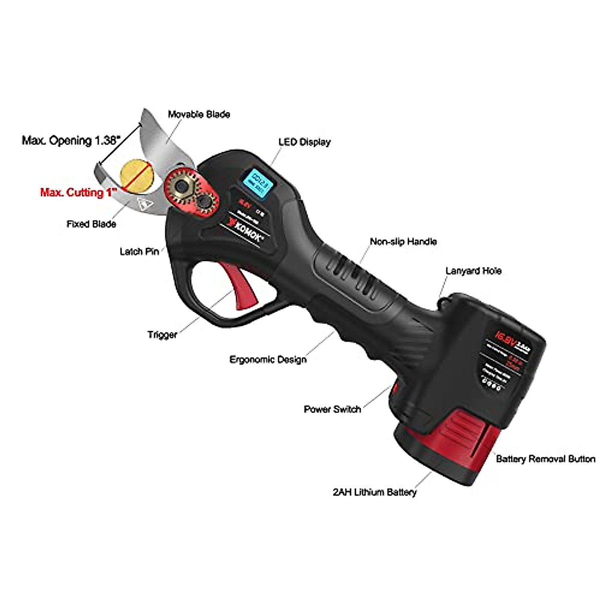 KOMOK Cordless Electric Pruning Shears with LED, 2 Rechargeable Battery Powered Tree Pruner Fruit Tree Branches Cutter, 25mm/1" Cutting Diameter, 6-8 Working Hours Good for Arthritis Hands