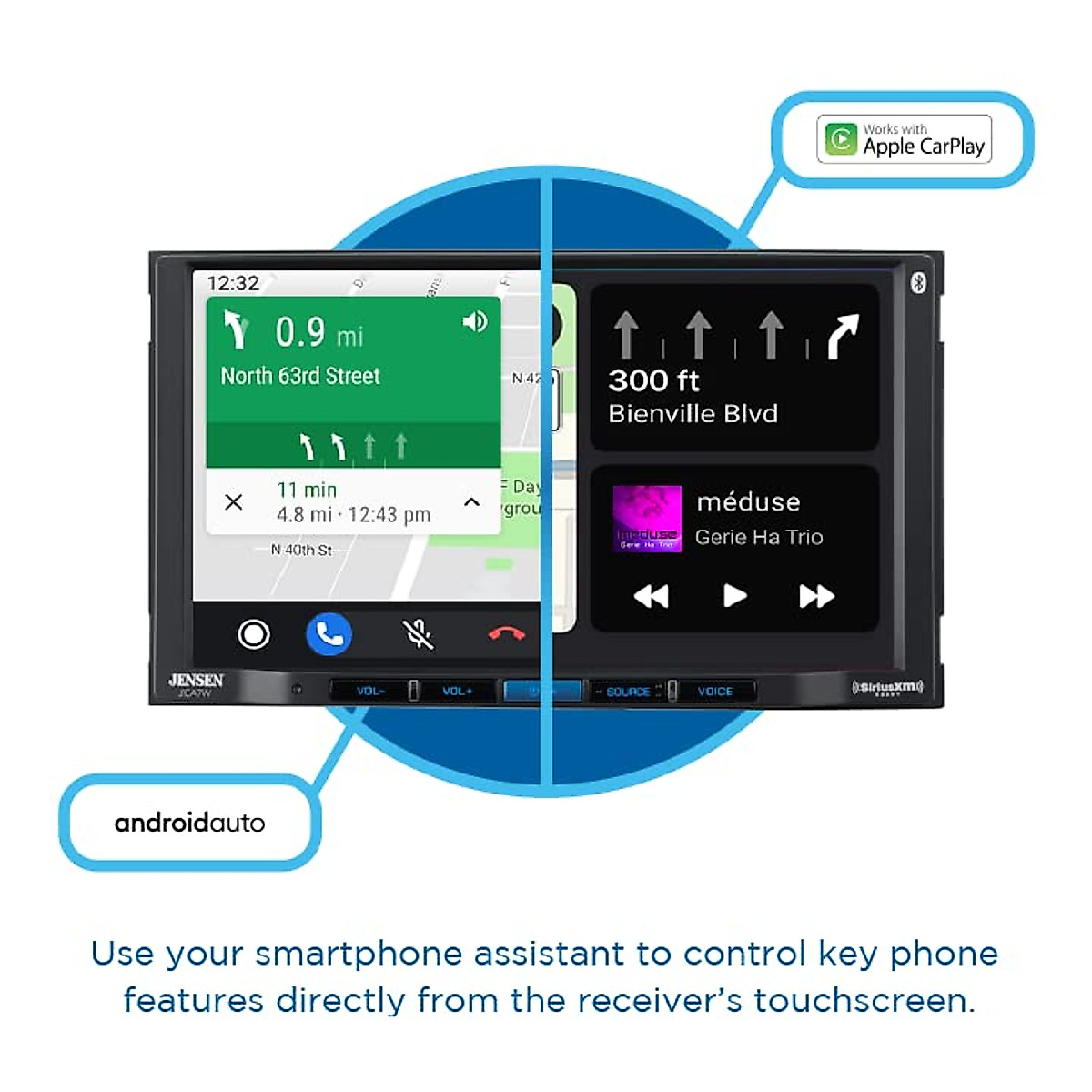 Jensen J1CA7W 7-inch Certified Apple CarPlay Android Auto Wired or Wireless | Double DIN Touchscreen Car Stereo Radio | Bluetooth | Backup Camera Input | USB Playback & Charge | Sirius XM Ready
