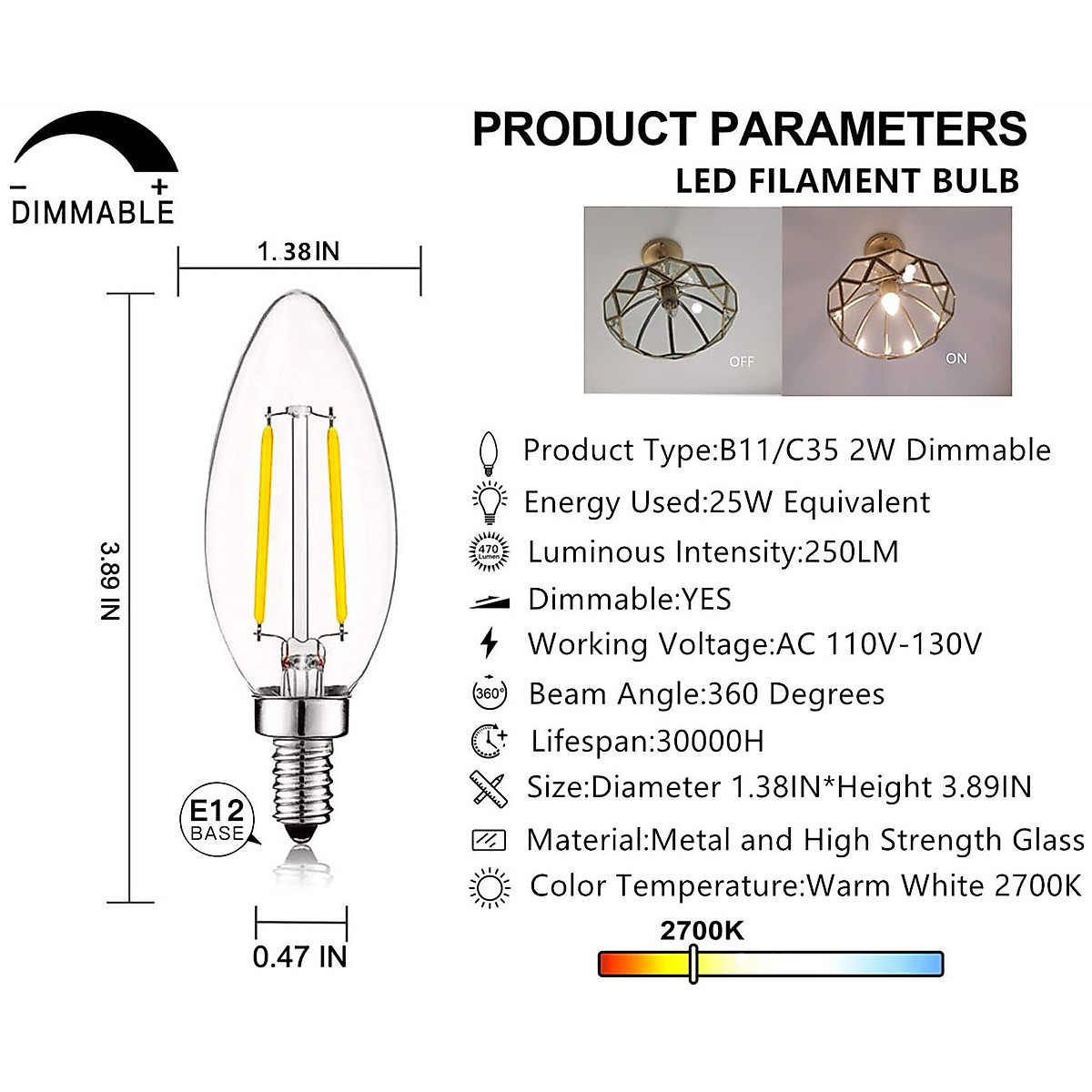 SHUWDKAR 2W LED Candelabra Bulb 25W Equivalent E12 Dimmable LED Bulbs Clear Filament Vintage Home Decoration Candle Light Bulbs B11 2700K Warm White,6 Pack