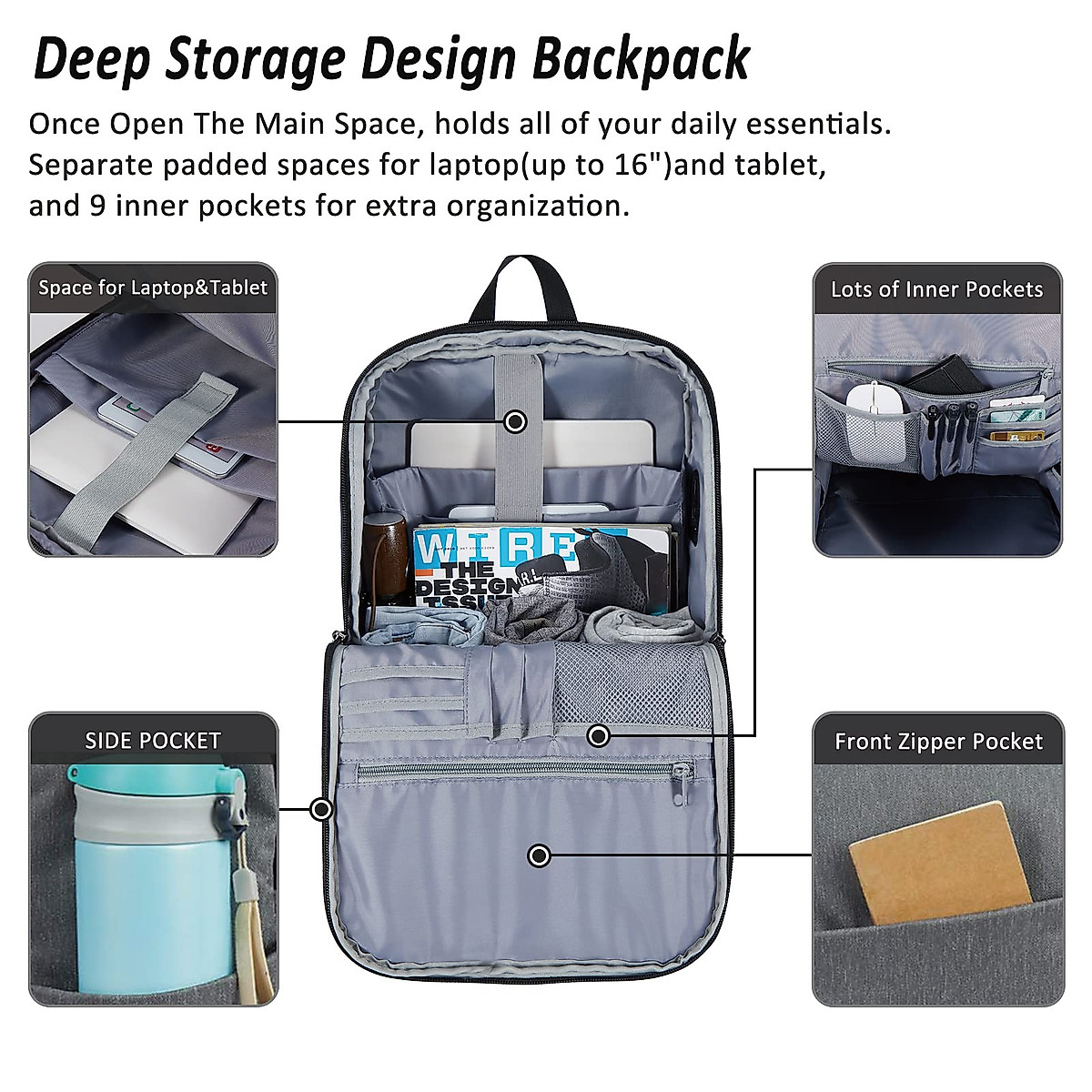 MAXTOP Deep Storage Laptop Backpack with USB Charging Port[Water Resistant] College Computer Bookbag Fits 16 Inch Laptop