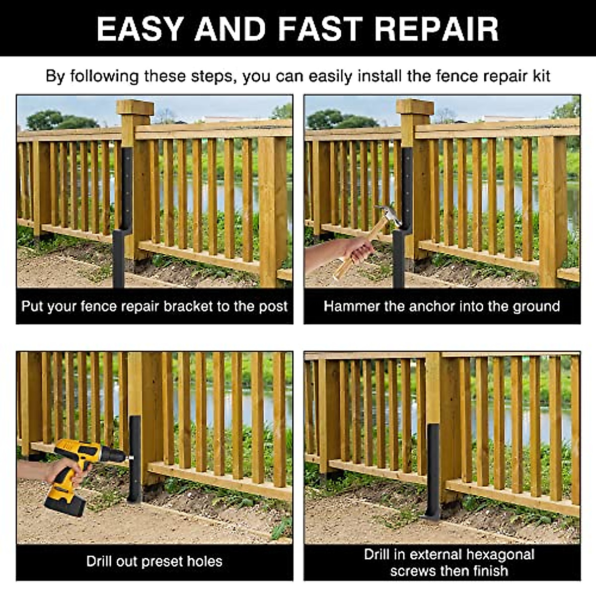 HNEDSEN Heavy Duty Steel Fence Post Repair Stake, Fence Post Anchor Ground Spike Metal for Repair Tilted, Broken Wood Fence Post