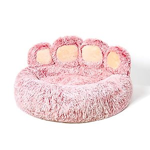 Jiupety Pet Round Bed of Paw Shape, Calming Donut Dog Bed for Medium and Small Dog, Faux Fur Cat Bed, Comfortable and Soft, Machine Washable, Large Size (26"×26"×8"), Pink