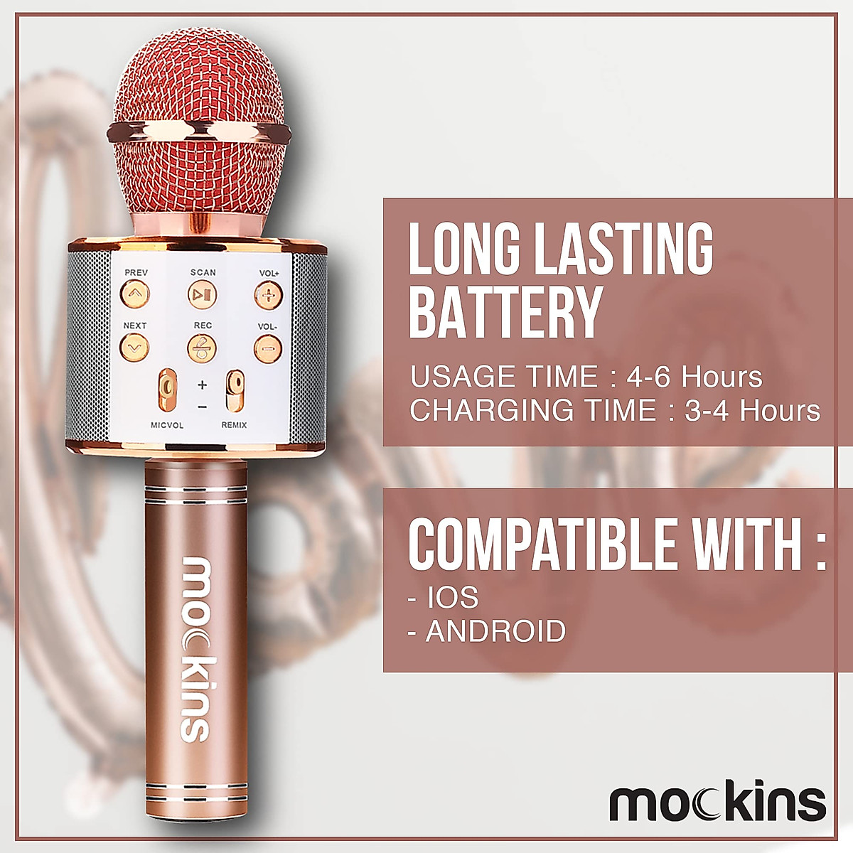 Mockins Rose Karaoke Microphone Wireless w/Built-in Speaker | Wireless Microphones Bluetooth Compatible w/iPhone & Android | Bluetooth Karaoke Microphone for Kids | Portable Microphone Karaoke Mic