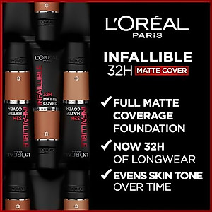 L'Oreal Paris Cover Liquid Foundation, With 4% Niacinamide, Long Lasting, Natural Finish, Available in 20 Shades, SPF 25, Infallible 32H Matte Cover, Shade 25, 30ml