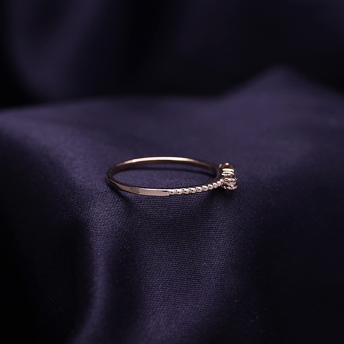 Round White Natural Diamond Accent 10k Solid Rose Gold Bow Ribbon Beaded Band Promise Ring (I-J Color, I2-I3 Clarity) Ring Size-5.5