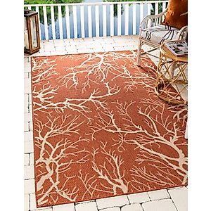 Unique Loom Outdoor Botanical Collection Area Rug - Branch (9' x 12' 2" Rectangle, Terracotta/ Beige)