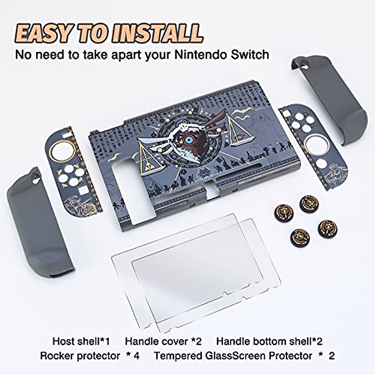 DLseego Dockable Protective Case for Nintendo Switch, Zelda Frosted Hard Cover with 2 pcs Glass Screen Protectors and 4 pcs Thumb Grip Caps - Zelda