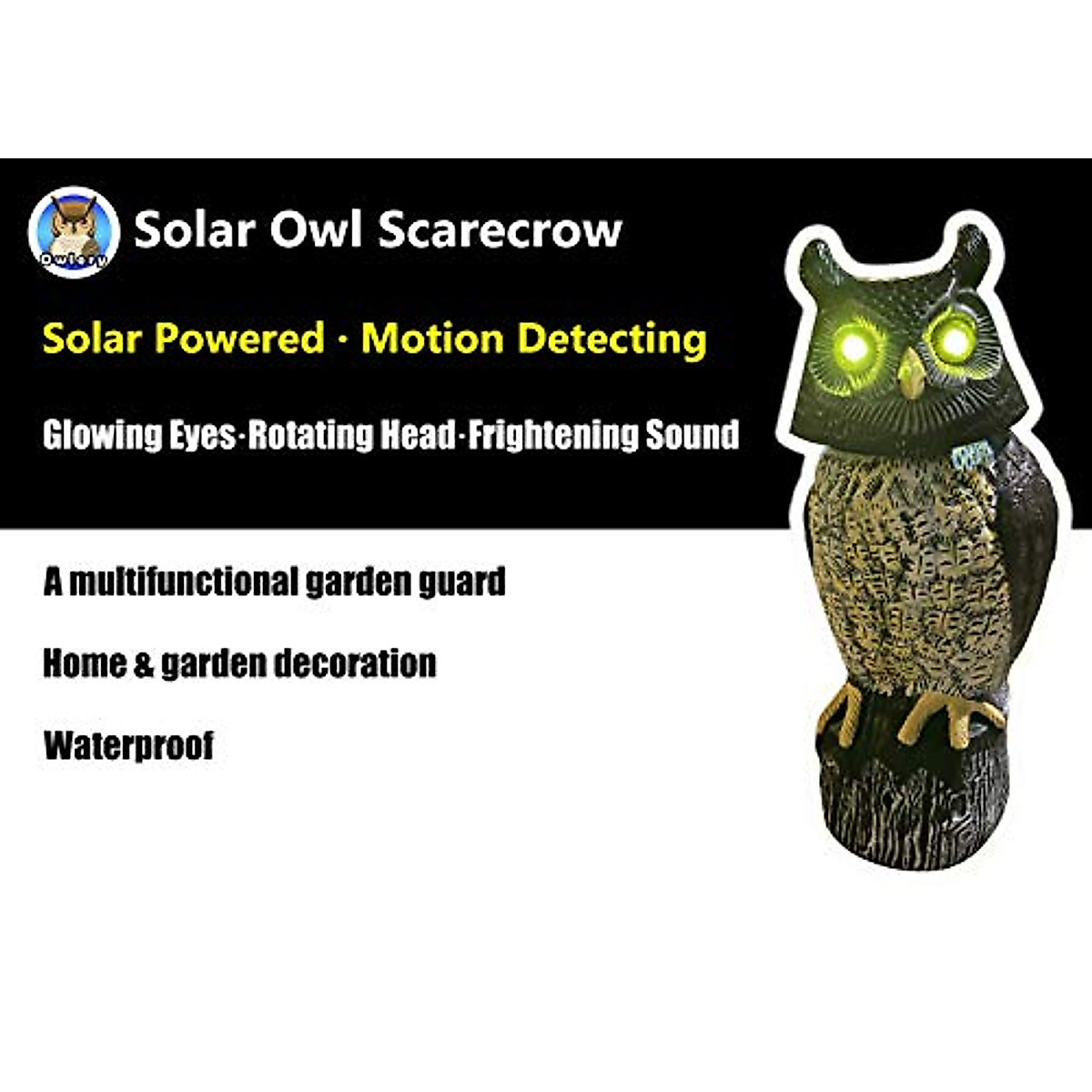 Owlery Solar Owl with Flashing Eyes, Spinning Head and Realistic Tweets, Plastic Owl Decoration for Home, Garden, Patio and Fence