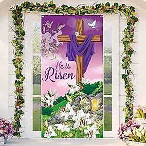 Happy Easter Day Decorations Easter Door Cover Easter Religious Door Cover He Is Risen Door Cover Large Fabric Easter Cross Door Cover Background for Jesus Spring Easter Party Decor 70.87 x 35.43 Inch