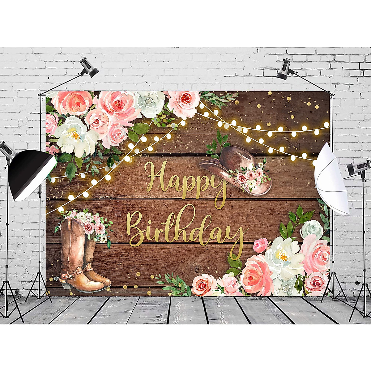 SVBright Cowgirl Birthday Backdrop for Woman 7Wx5H Western Rustic Country Wooden Plank Pink Flower Happy Birthday Baby Shower Wood Hat Retro Decoration Photography Background Banner Photo Booth Studio