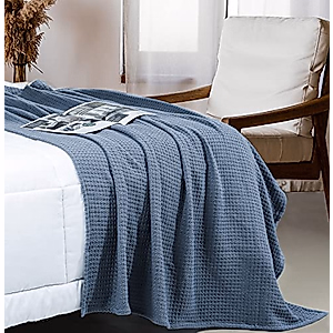 HILLFAIR 100% Cotton Throw Blankets- 50 x 60 inch- Skin Friendly, Soft, Lightweight and Breathable Throw Blanket Luxury Cotton Throws for Bed, Couch and Sofa, All Season Cotton Throw Blankets- Blue
