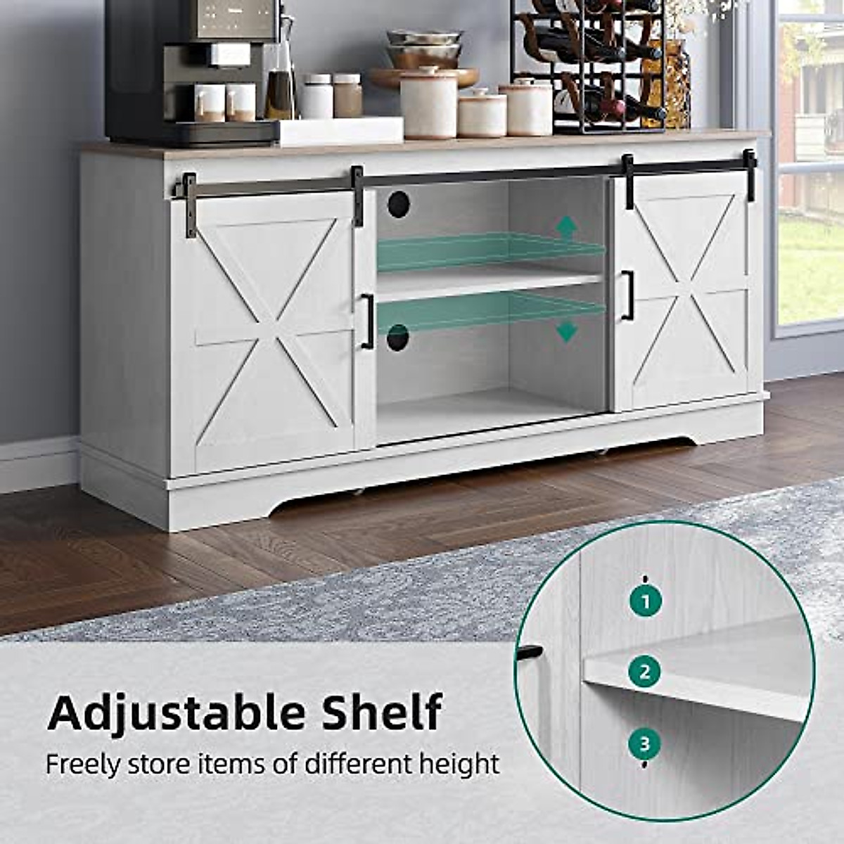 YITAHOME Kitchen Buffet Cabinet, 60“ Farmhouse Sliding Barn Door Coffee Bar Sideboard Buffet Cabinet with Capacity 300 lbs for Home Kitchen Dinning Living Room, Grey White/Grey Wash