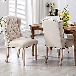 DUOMAY Modern Tufted Dining Chairs Set of 2, Linen Upholstered Dining Room Chairs Armless Guest Side Chair for Kitchen Dining Room, Wingback Accent Chairs with Solid Wood, Beige