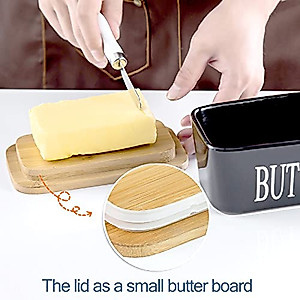 Hasense Butter Dish with Bamboo Lid and Knife, Large Butter Keeper Container for Counter, Airtight Butter Holder with Cover for Kitchen,Black