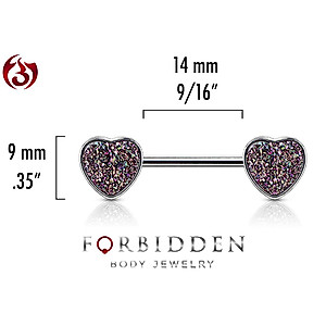 Forbidden Body Jewelry Pair of Surgical Steel 9/16 Inch (14mm) Synthetic Druzy Stone Glitter Effect Heart Nipple Barbells, Black