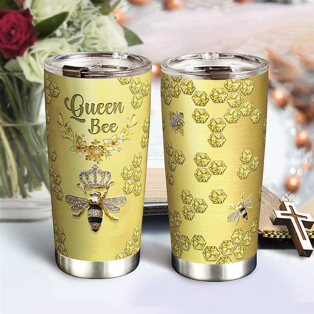 20oz Printed Jewelry Crystal Queen Bee Tumbler, Gifts for Bee Lovers, Coffee Thermos for Women, Stainless Steel Double Wall Vacuum Insulated Coffee Mug, Travel Cup with Lid